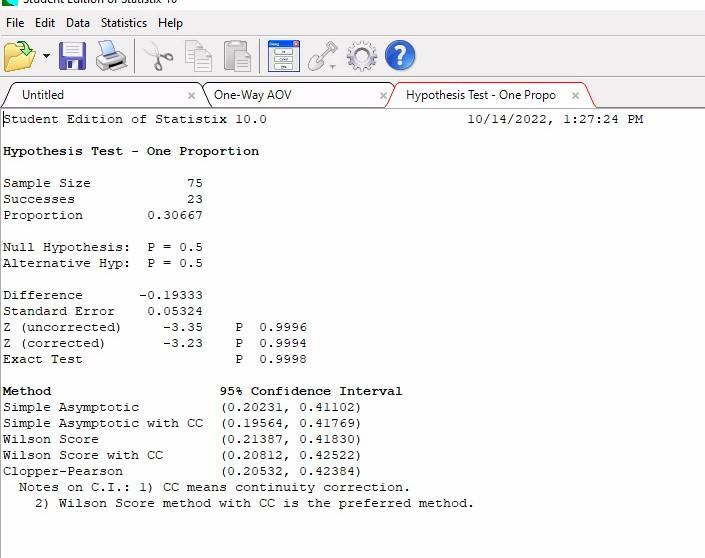 Solved File Edit Data Statistics Help Hypothesis Test - One | Chegg.com