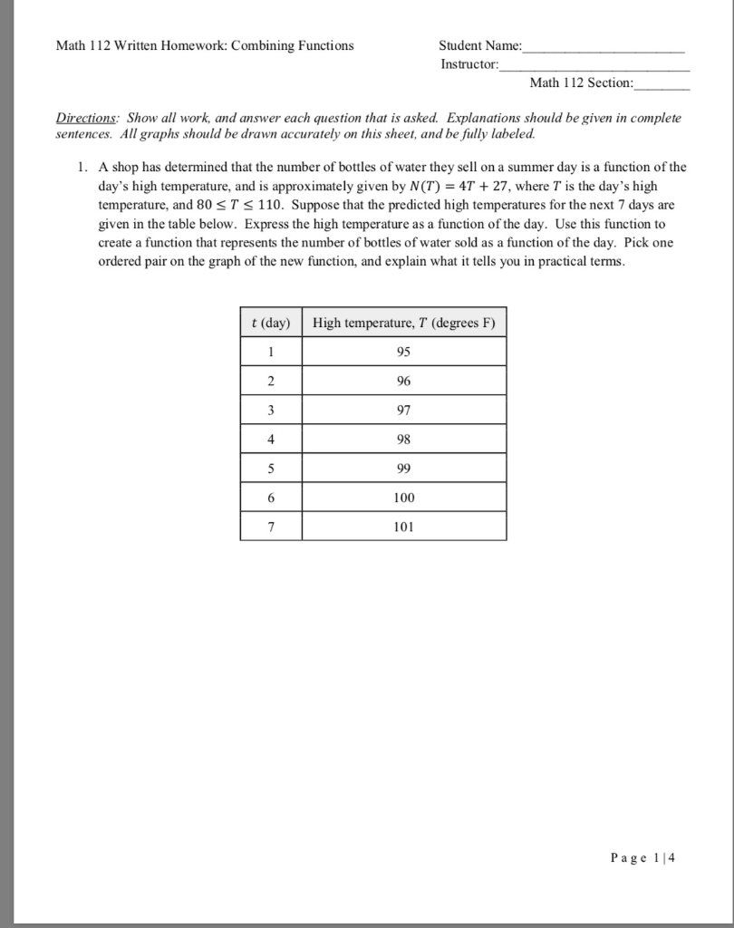 Solved Math 112 Written Homework Combining Functions