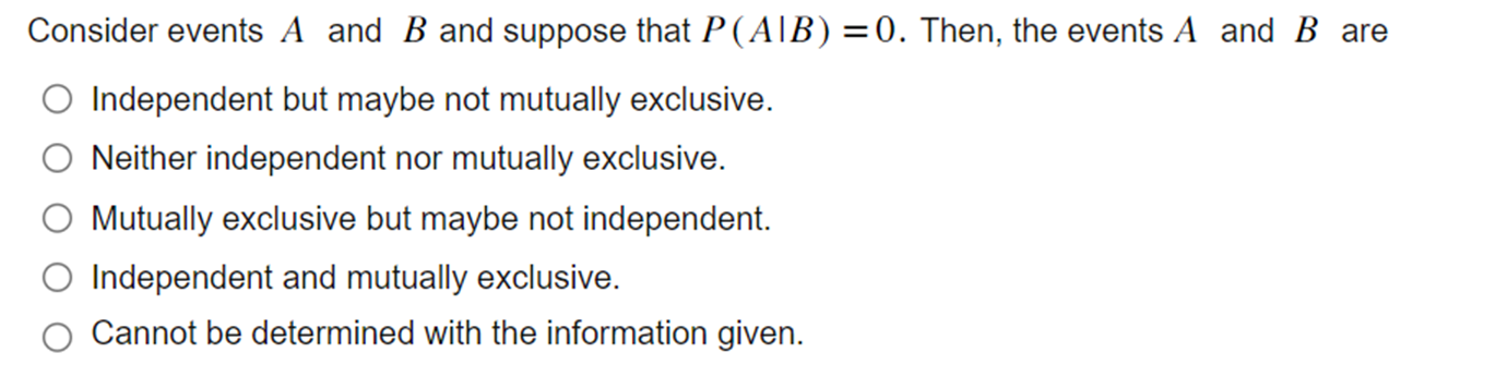 Solved Consider events A and B and suppose that P(A∣B)=0. | Chegg.com