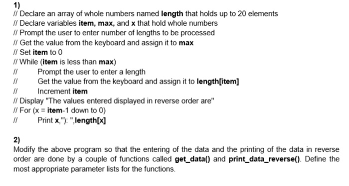 Solved 1) ll Declare an array of whole numbers named length | Chegg.com