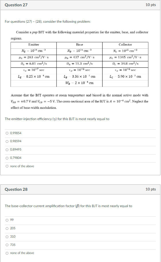 Solved Question 27 10 pts For questions (27) - (28), | Chegg.com