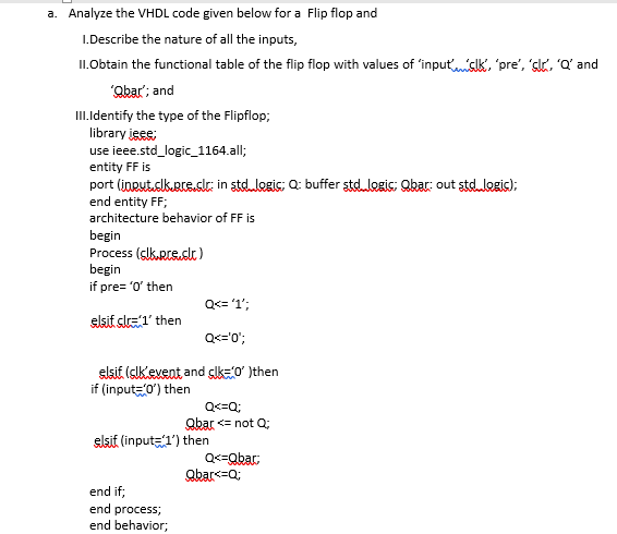 Solved a. Analyze the VHDL code given below for a Flip flop | Chegg.com