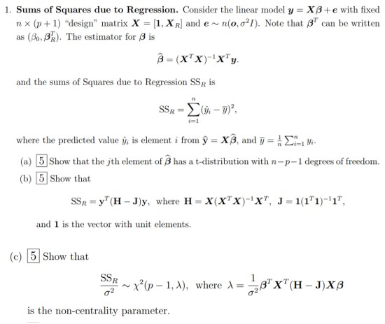 Solved 1. Sums of Squares due to Regression. Consider the | Chegg.com