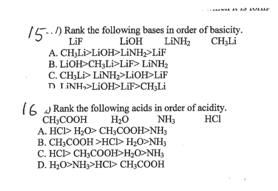 Solved waii III 15.) Rank the following bases in order of | Chegg.com