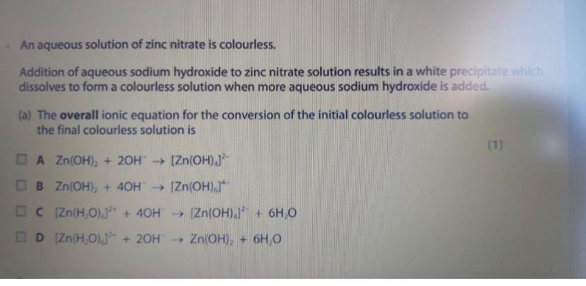 Solved An aqueous solution of zinc nitrate is colourless. | Chegg.com