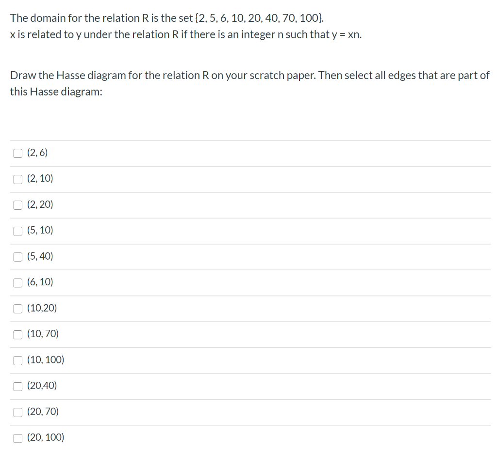Solved The domain for the relation R is the set {2,5, 6, 10, | Chegg.com
