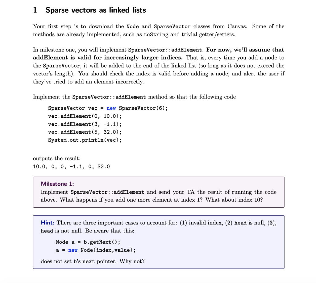 1 Sparse vectors as linked lists Your first step is | Chegg.com