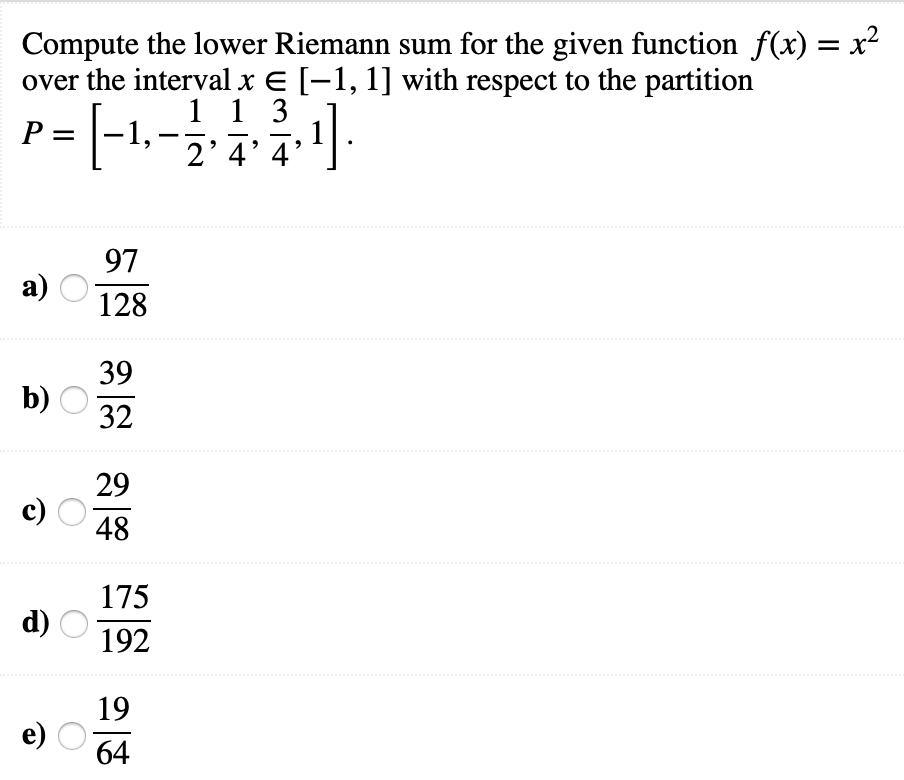 Solved Compute the lower Riemann sum for the given | Chegg.com
