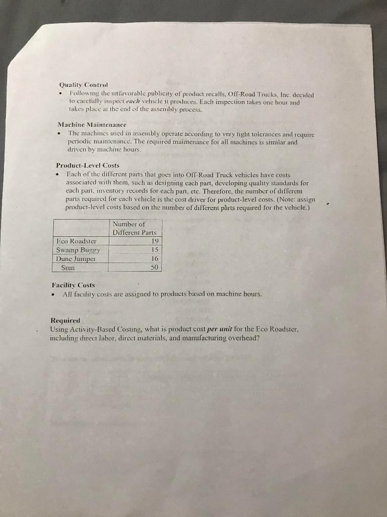 Solved Using Activity Based Costing What Is The Product