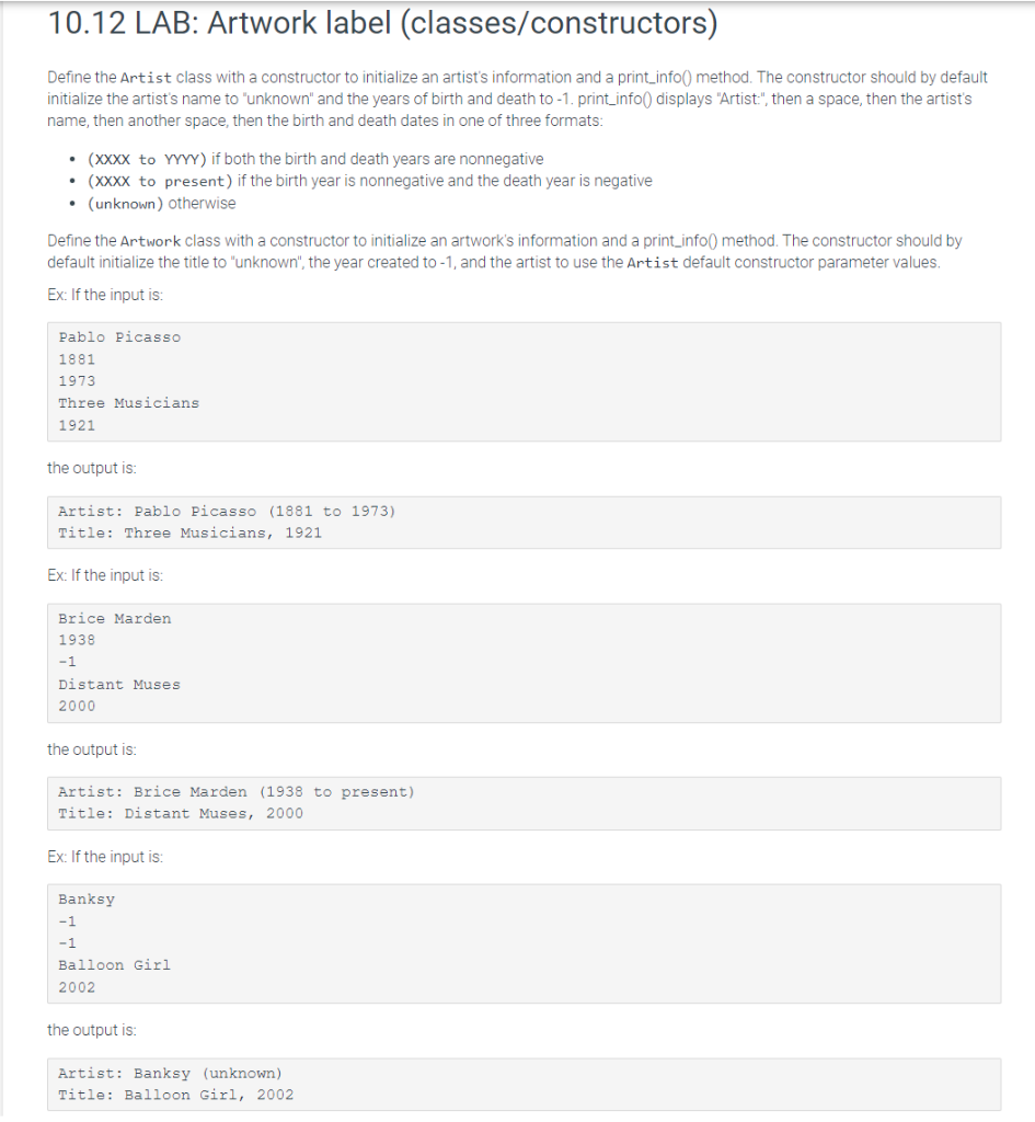 Solved 10.12 LAB: Artwork label (classes/constructors) | Chegg.com
