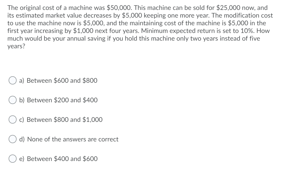 Solved The original cost of a machine was $50,000. This | Chegg.com