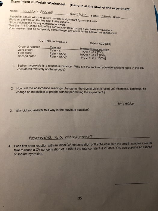 Solved Experiment 2: Prelab Worksheet (Hand in at the start | Chegg.com