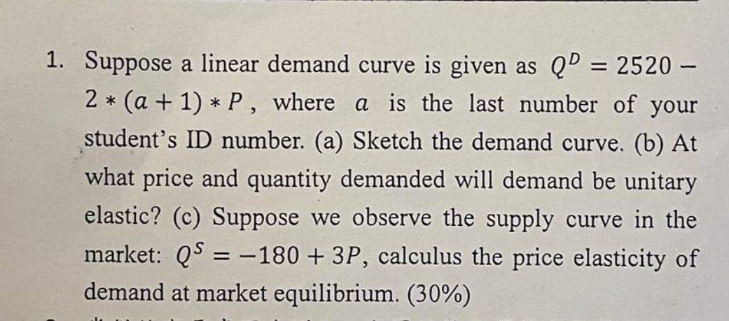 Solved 1. Suppose a linear demand curve is given as QD=2520− | Chegg.com