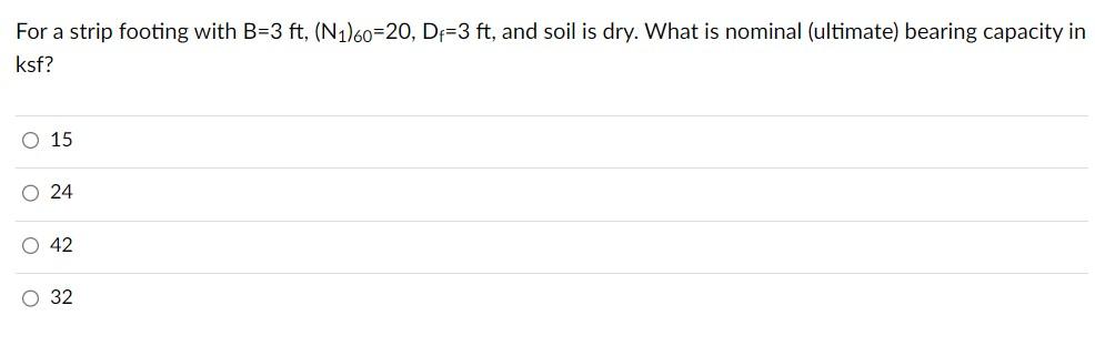 Solved For a strip footing with B=3ft,(N1)60=20,Df=3ft, and | Chegg.com
