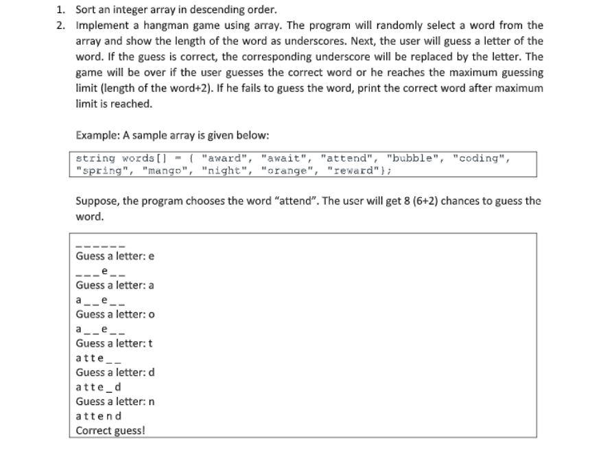 Solved 1. Sort an integer array in descending order. 2. | Chegg.com