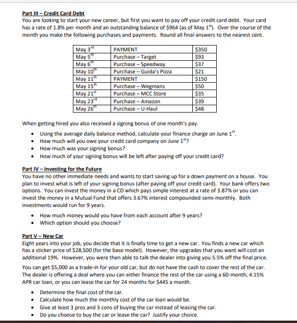 Solved Part III - Credit Card Debt You are looking to start | Chegg.com