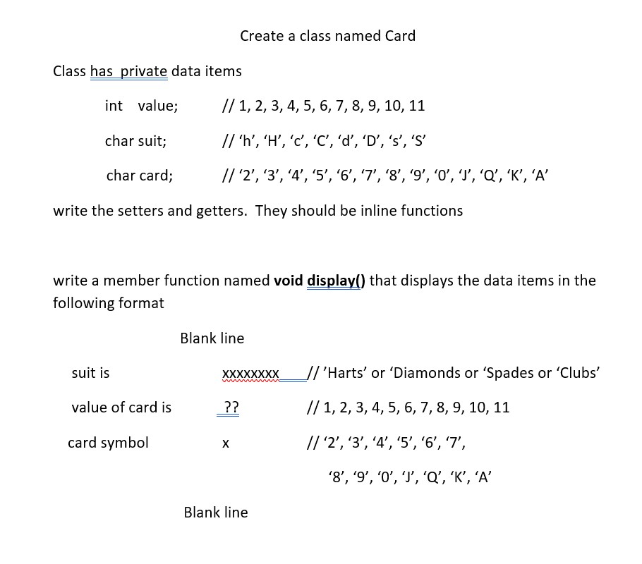 Solved Create a class named Card Class has private data | Chegg.com