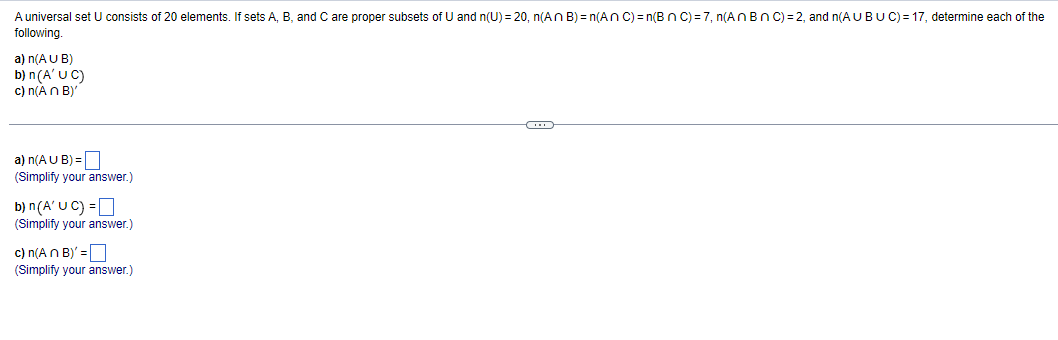 A universal set U consists of 20 ﻿elements. If sets | Chegg.com