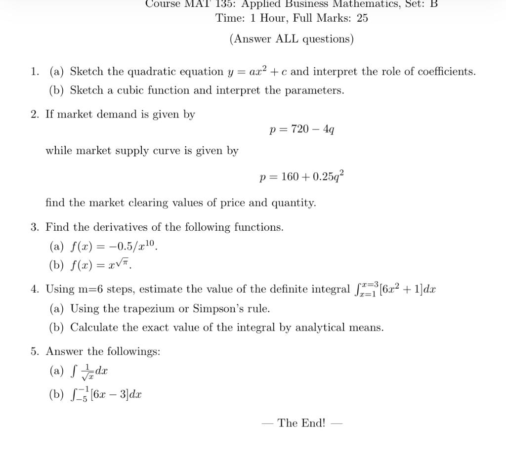Solved Course MAT 135: Applied Business Mathematics, Set: B | Chegg.com