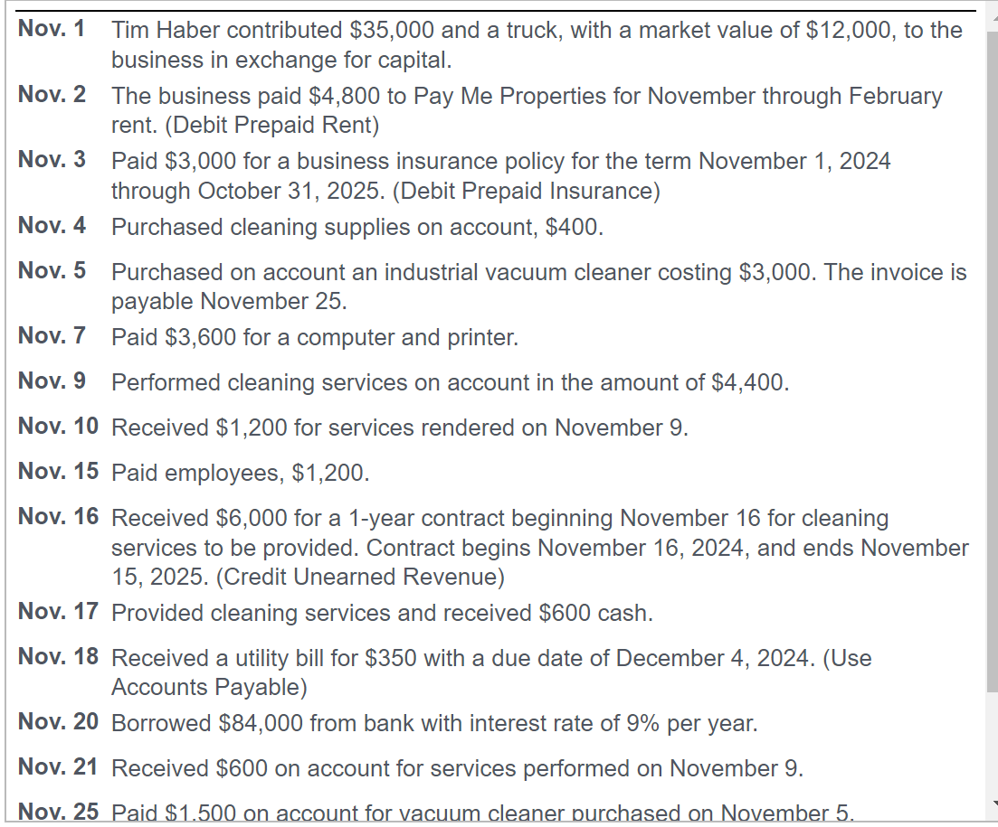 Solved Nov. 1 Tim Haber contributed $35,000 and a truck, | Chegg.com