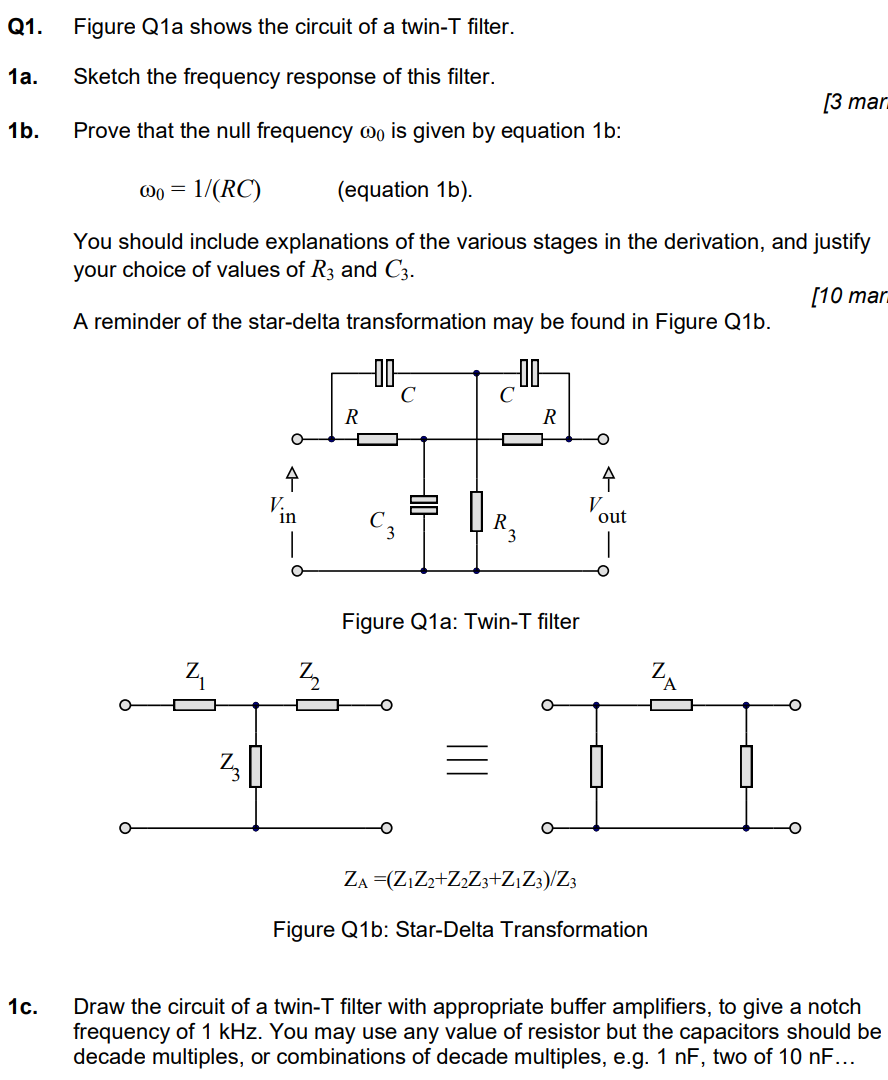 Solved Q1. Figure Q1a shows the circuit of a twin-T filter. | Chegg.com