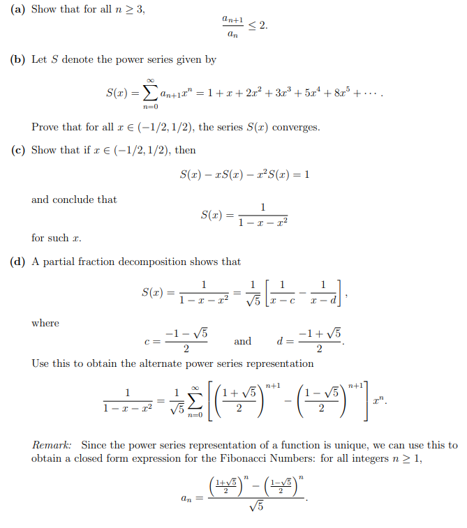Solved Let {an}=1 denote the Fibonacci sequence given by an | Chegg.com