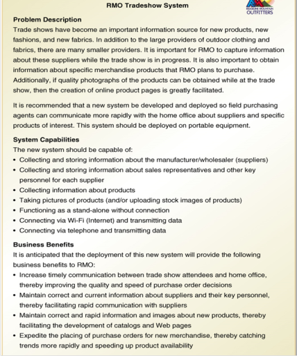 Solved OUTFITTERS RMO Tradeshow System Problem Description | Chegg.com