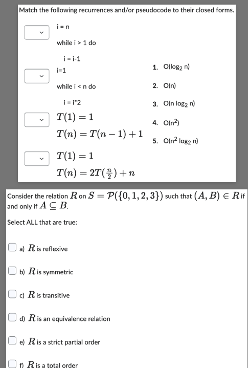 Solved Match The Following Recurrences And Or Pseudocode To Chegg
