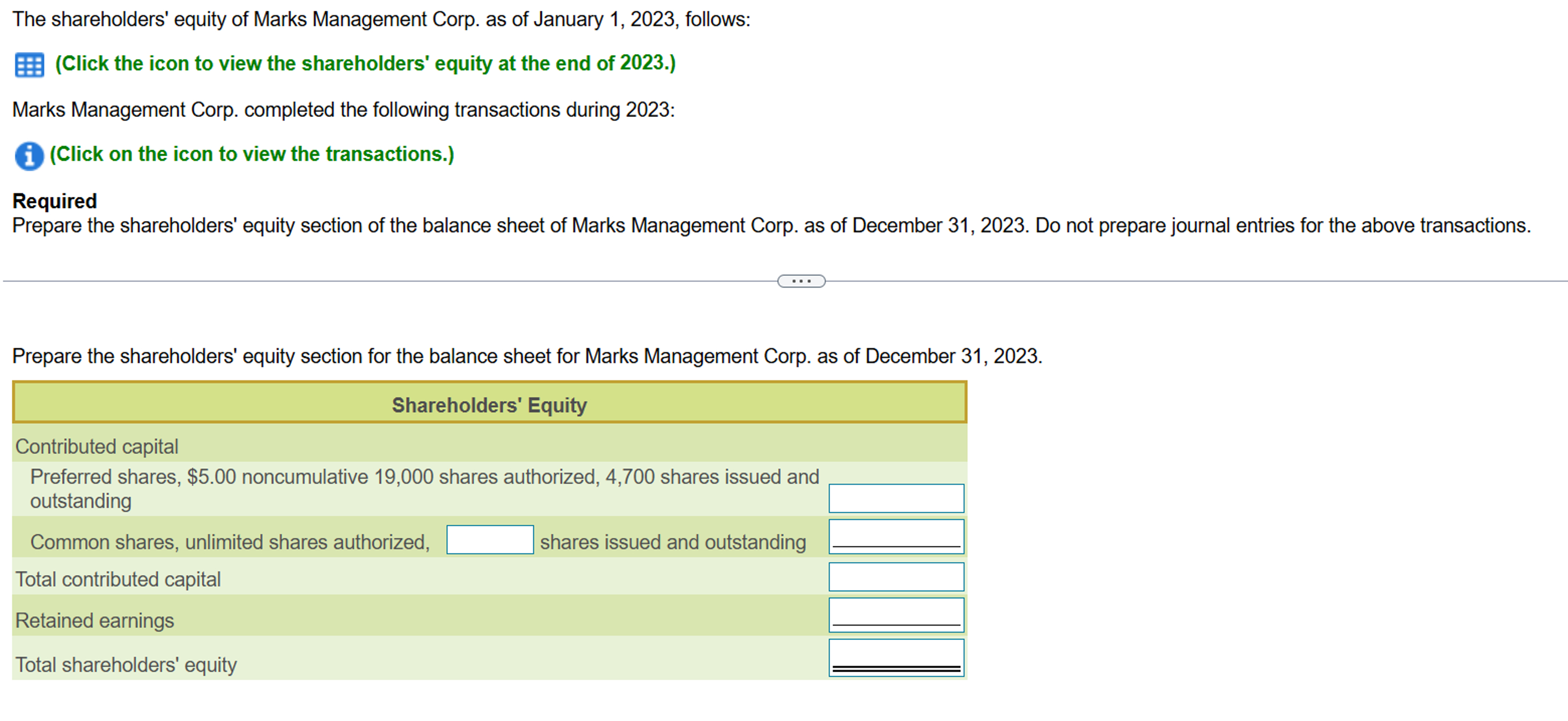 Solved The shareholders' equity of Marks Management Corp. as | Chegg.com