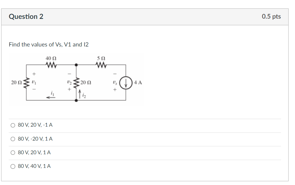 Solved Find the values of Vs, V1 and I2 80 V,20 V,−1 A80 | Chegg.com