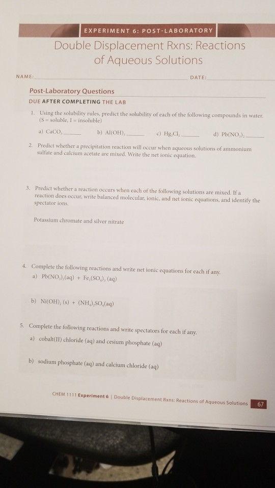 Solved EXPERIMENT 6: POST-LABORATORY Double Displacement | Chegg.com