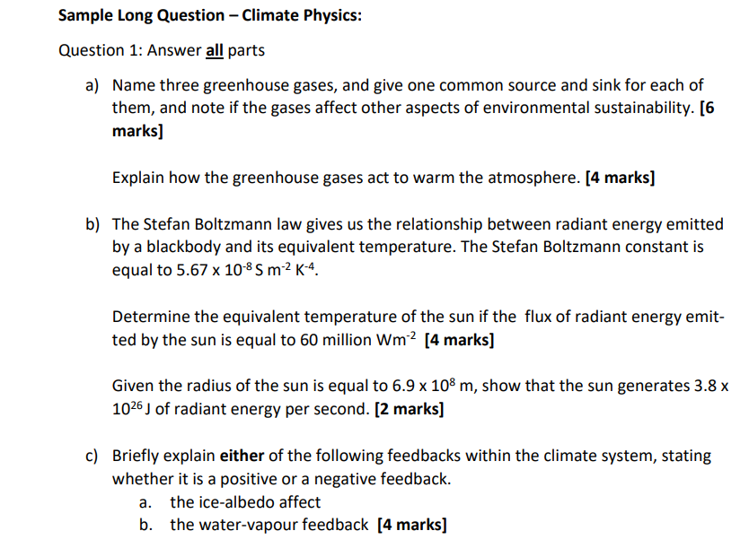 Solved Sample Long Question - Climate Physics: Question 1: | Chegg.com
