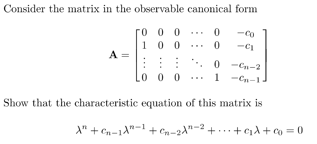 Solved Consider the matrix in the observable canonical form | Chegg.com