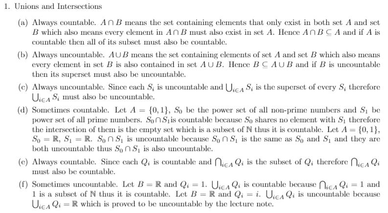 Solved 1. Unions and Intersections (a) Always countable. | Chegg.com