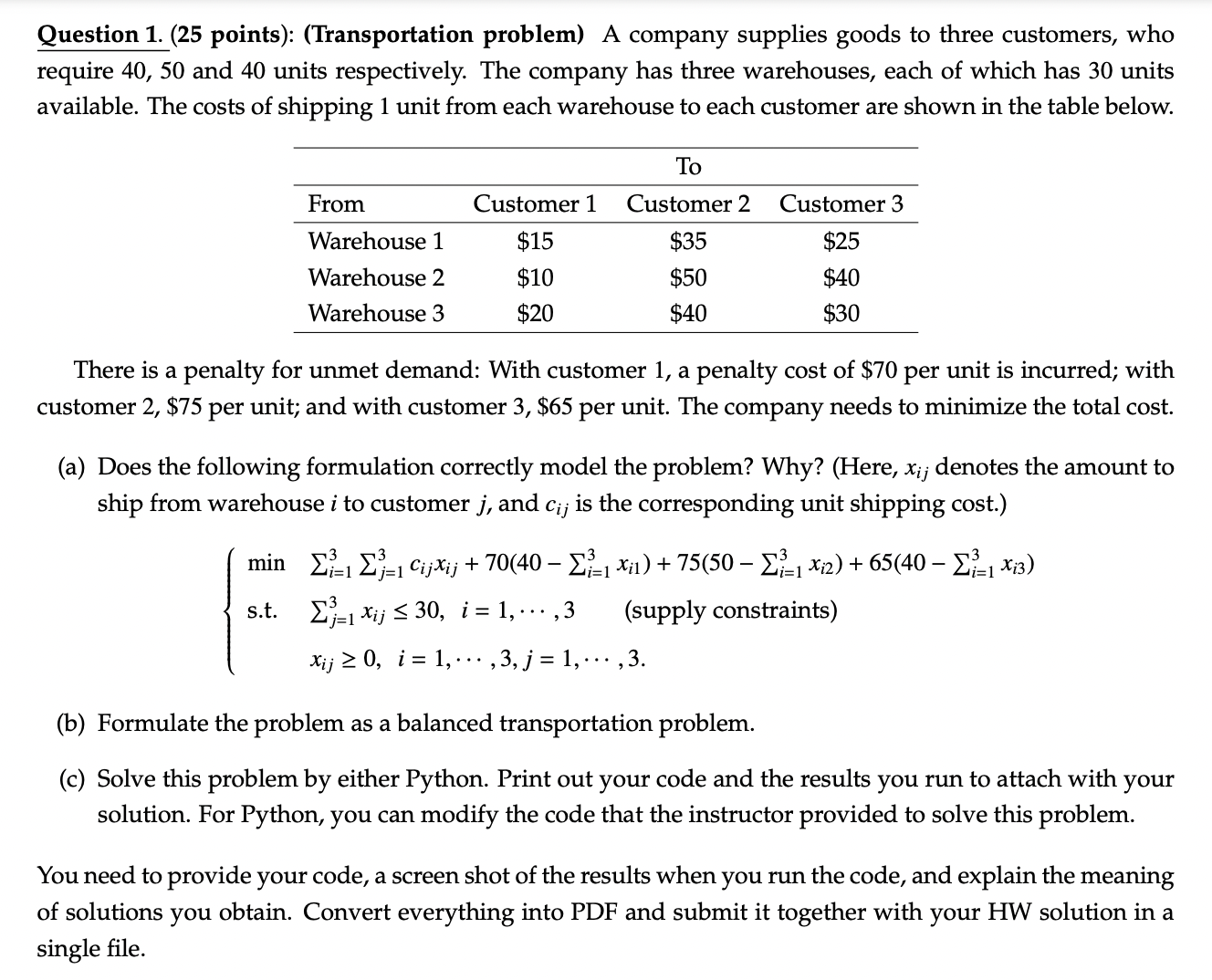 Solved Question 1. (25 ﻿points): (Transportation ﻿problem) | Chegg.com
