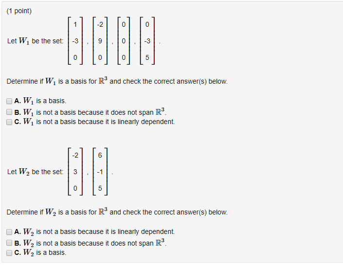 Solved 1 point) Let W1 be the set: 39 03 0 Determine if W, | Chegg.com