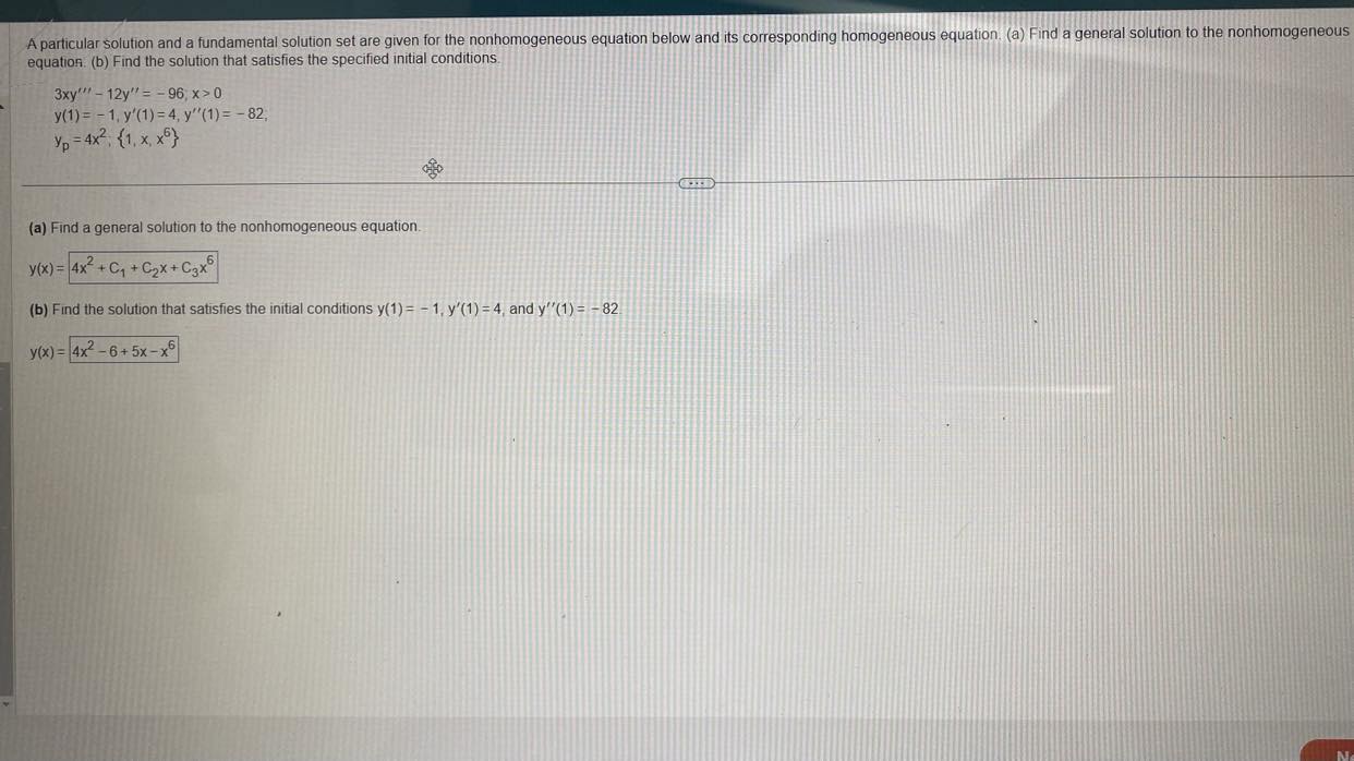 Solved A particular solution and a fundamental solution set | Chegg.com