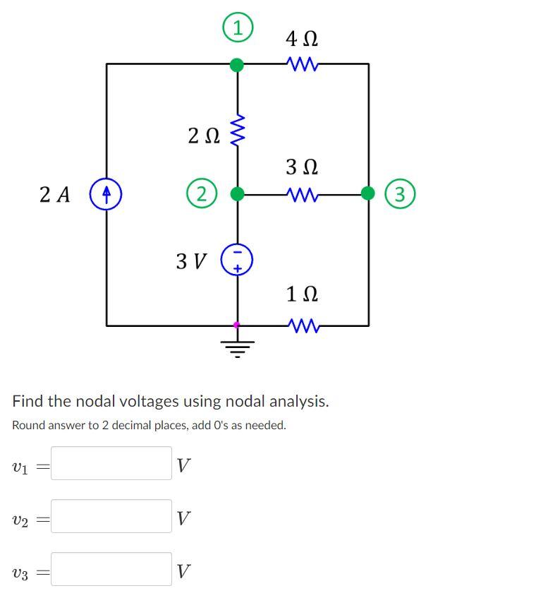Solved Find the nodal voltages using nodal analysis. Round | Chegg.com