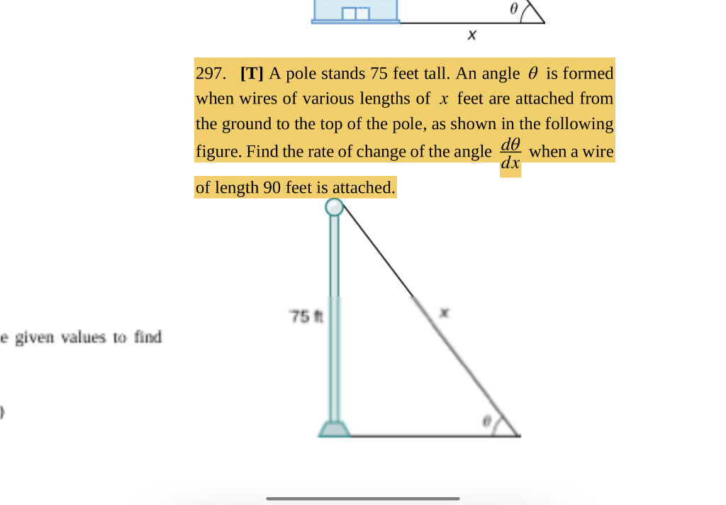 Solved 297. [T] A pole stands 75 feet tall. An angle θ is | Chegg.com