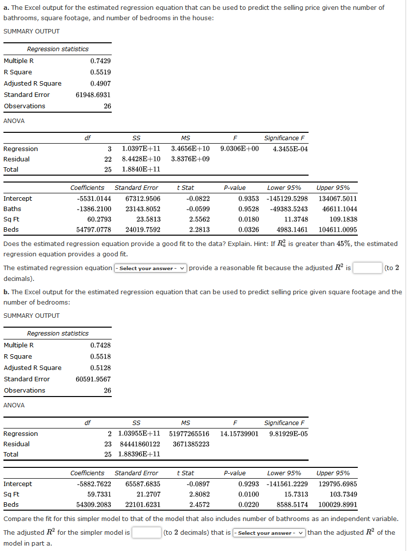Solved a. The Excel output for the estimated regression | Chegg.com
