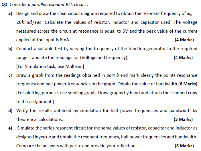 Solved Q1. Consider a parallel resonant RLC circuit. a) | Chegg.com