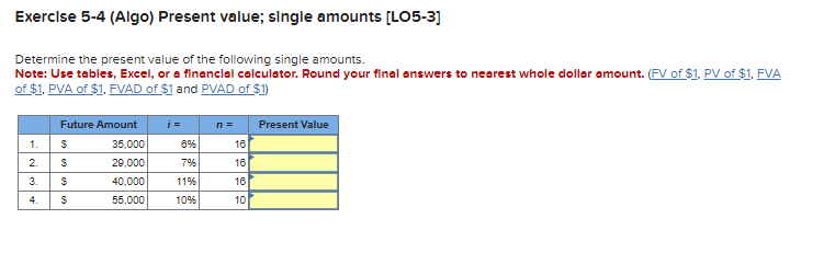 Solved Exerclse 5-4 (Algo) Present value; single amounts | Chegg.com Solved Exerclse 5-4 (Algo) Present value; single amounts | Chegg.com