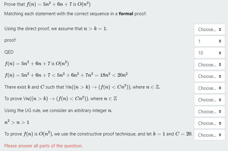Solved Prove that f(n) = 5n2 + 6n +7 is O(na) Matching each | Chegg.com