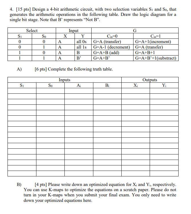 Solved 4. [15 pts] Design a 4-bit arithmetic circuit, with | Chegg.com