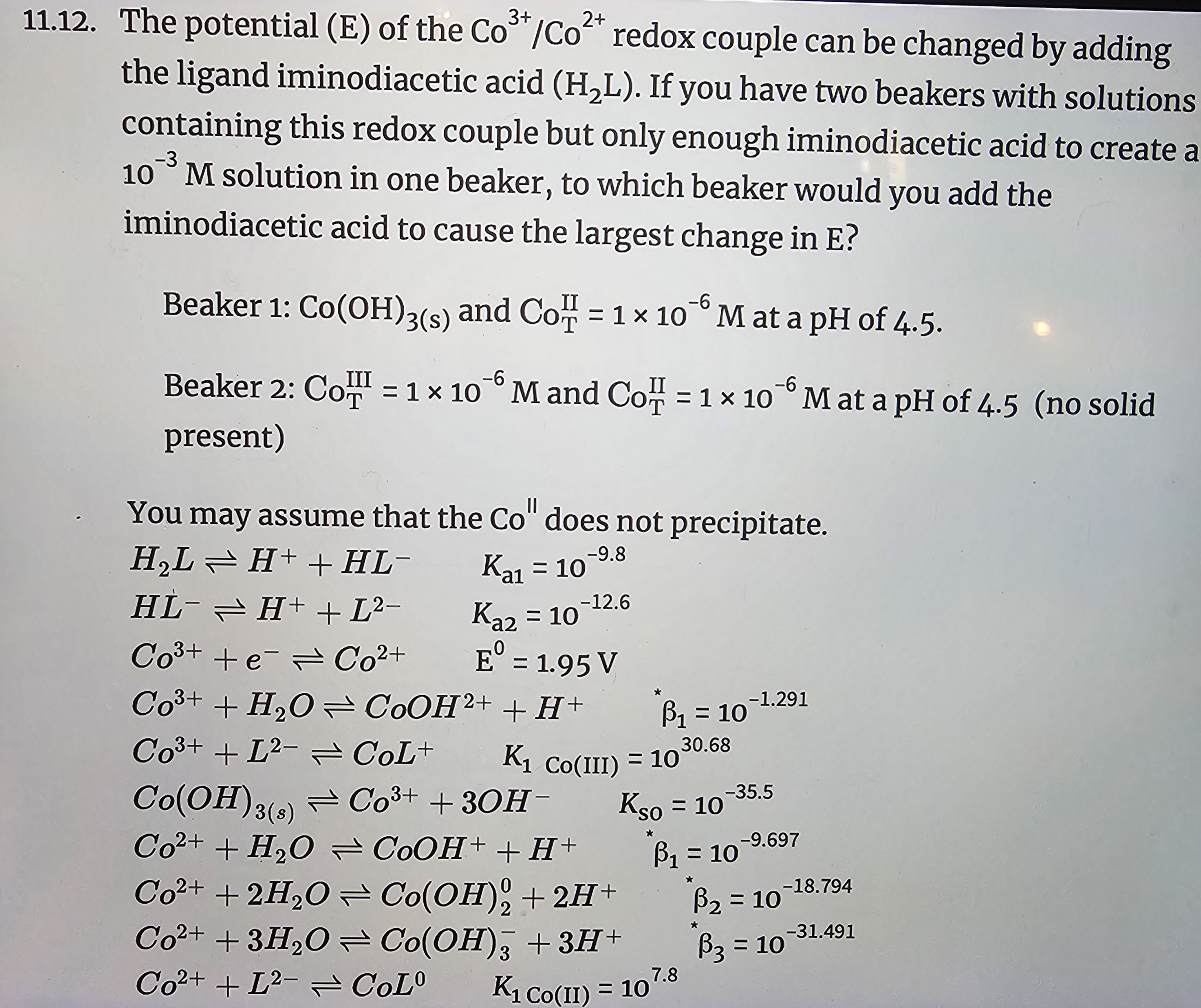 Solved .12. The potential (E) of the Co3+/Co2+ redox couple | Chegg.com