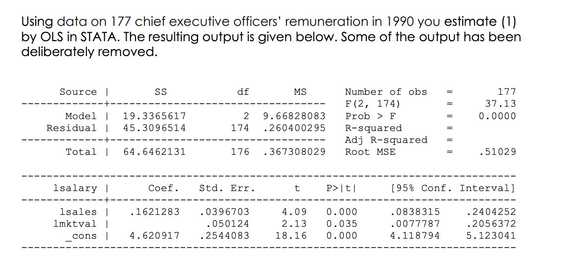 Solved Based on the STATA output, what is the 𝑅^2 of the | Chegg.com