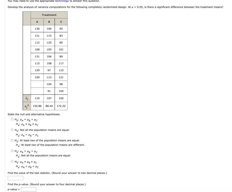 Solved Develop the analysis of variance computations for the | Chegg.com