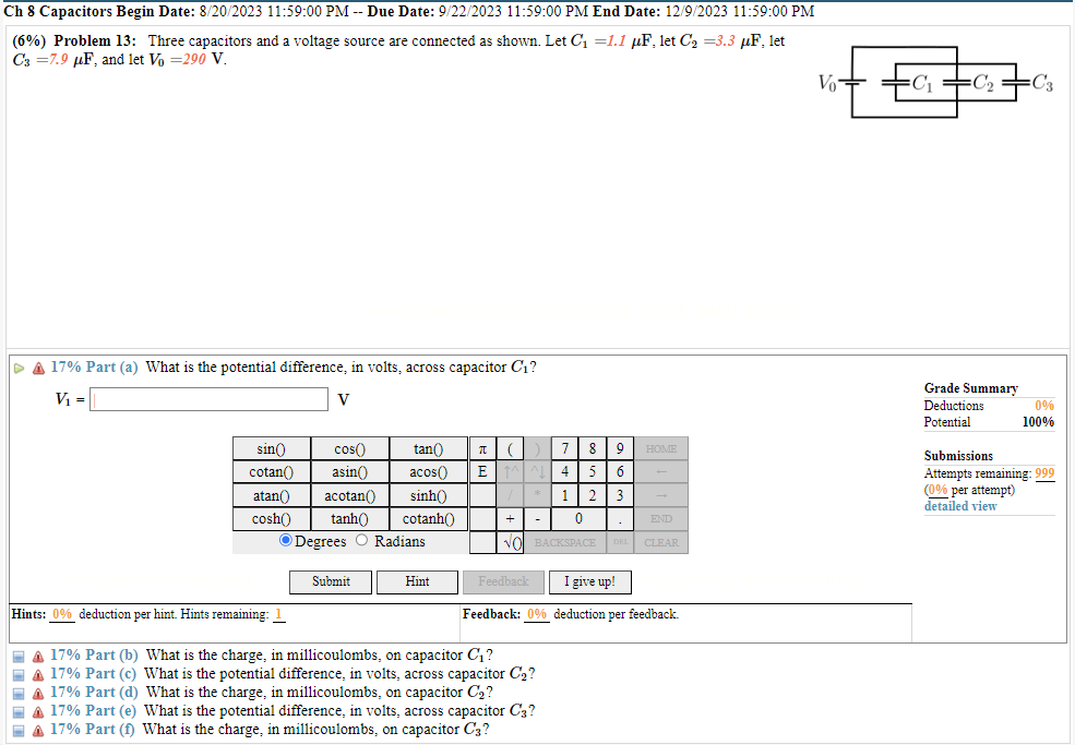 Solved (6\%) Problem 13: Three capacitors and a voltage | Chegg.com