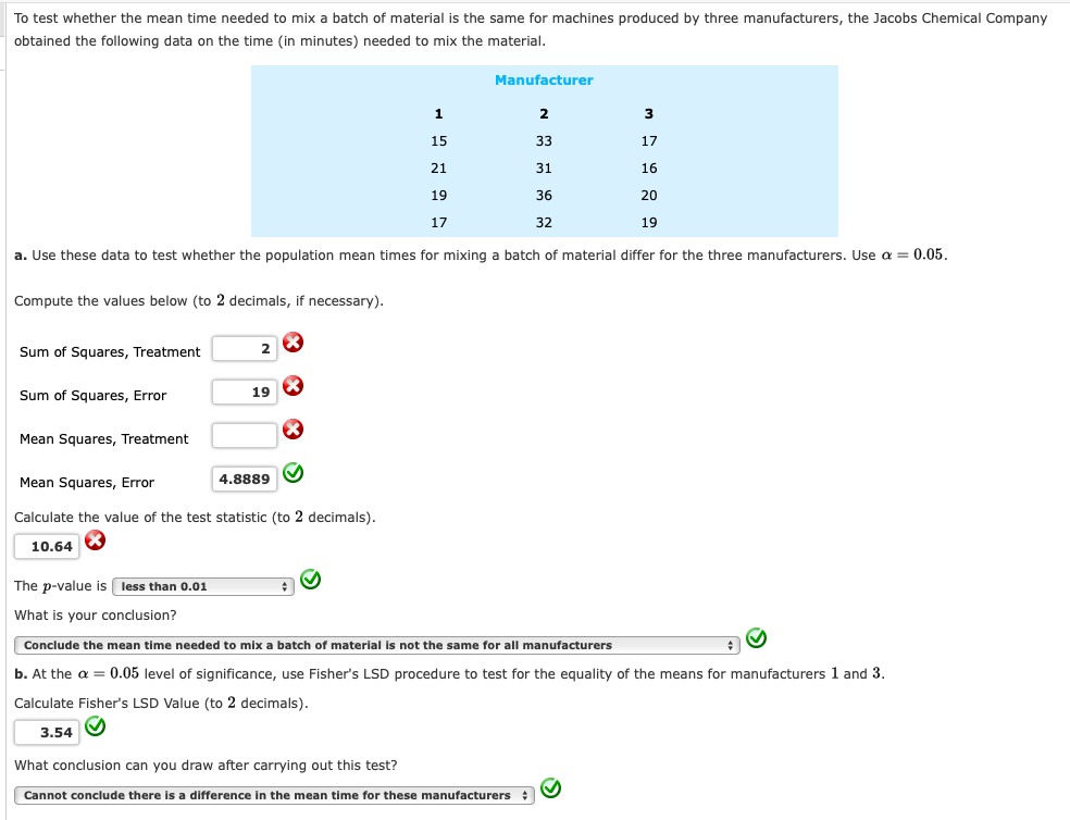 Solved To test whether the mean time needed to mix a batch | Chegg.com