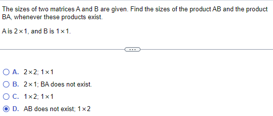 Solved The sizes of two matrices A and B are given. Find the | Chegg.com
